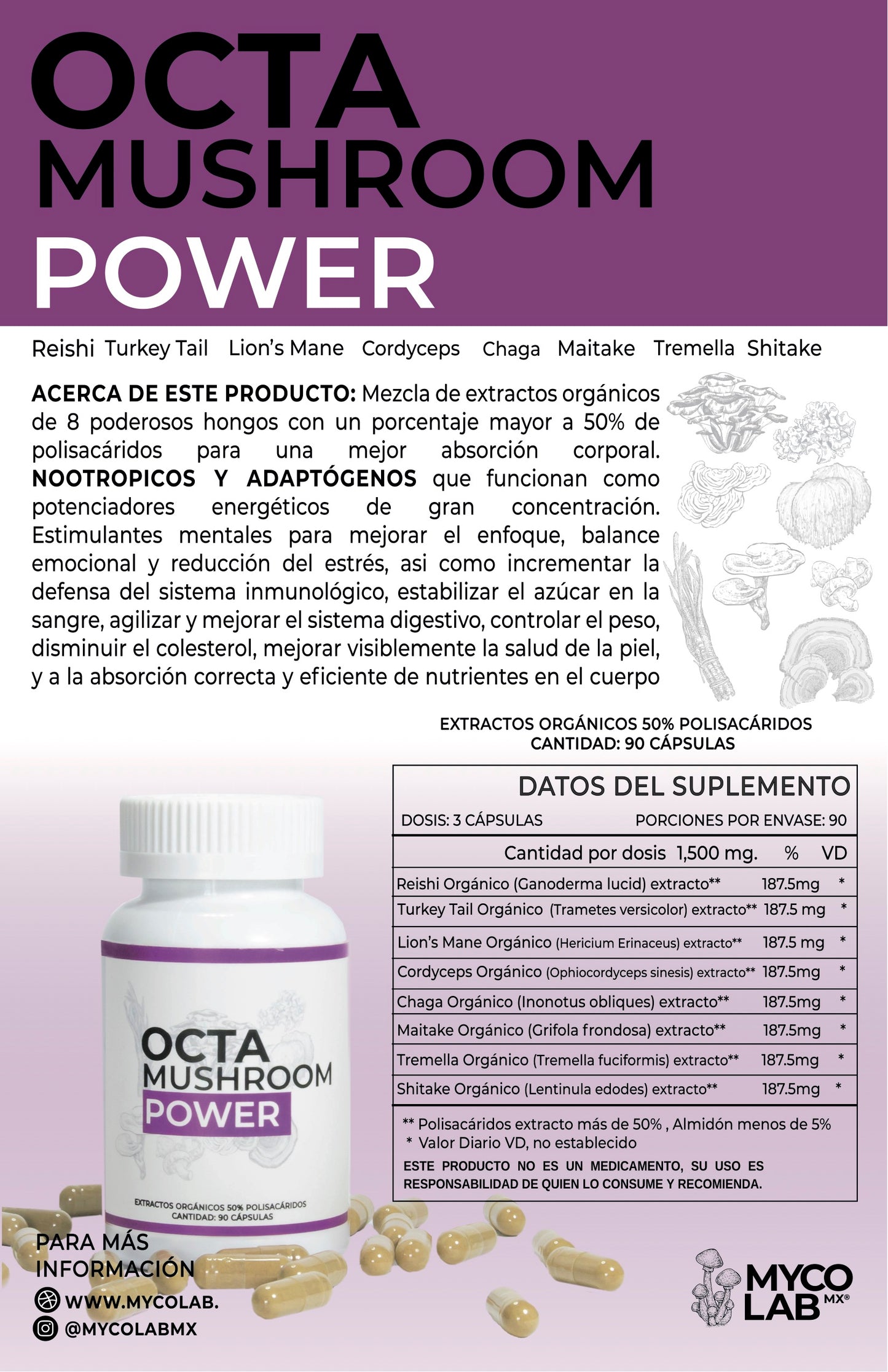 Octa Mushroom Power - Poderosa Mezcla de 8 Hongos Medicinales – MycoLab Mx